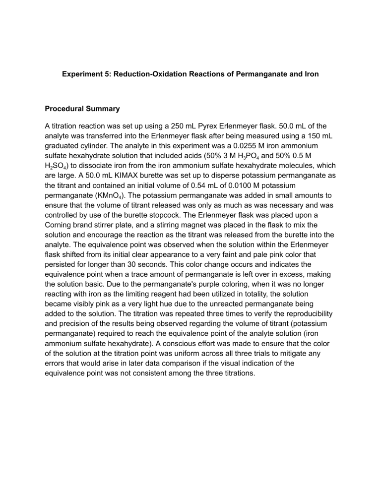 Redox Titration Experiment: Permanganate and Iron