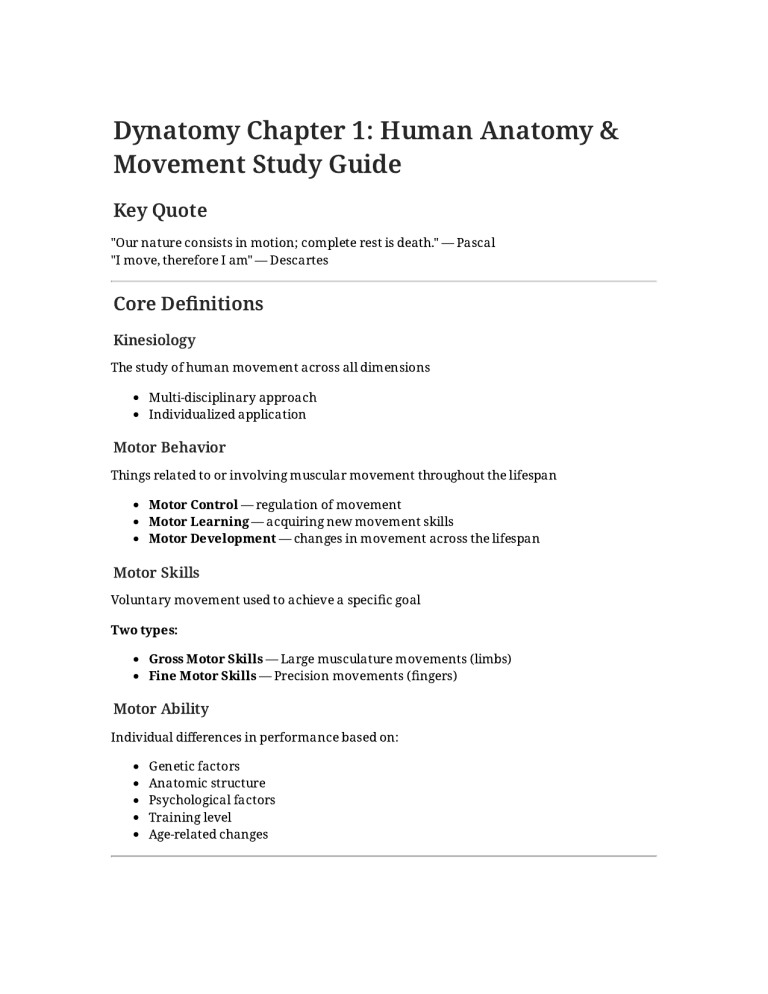 Dynatomy Chapter 1: Human Anatomy & Movement Study Guide