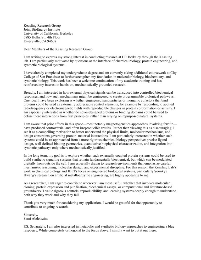 Research Interest Letter for Keasling Lab - Chemical Biology
