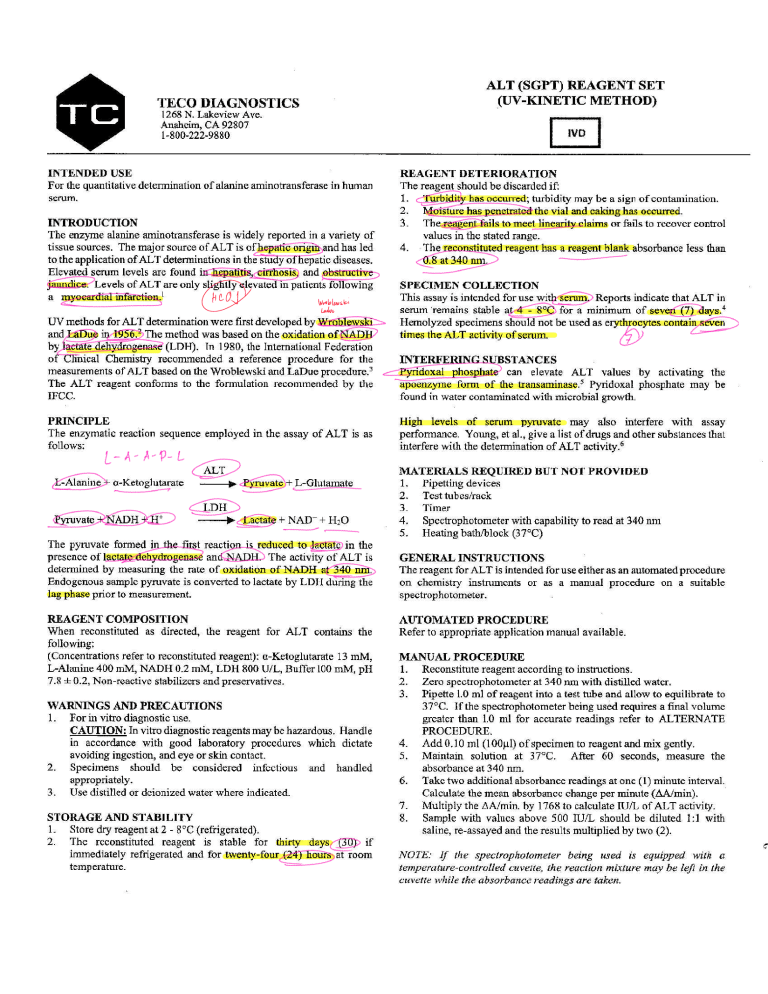 ALT (SGPT) Reagent Set Manual - UV-Kinetic Method