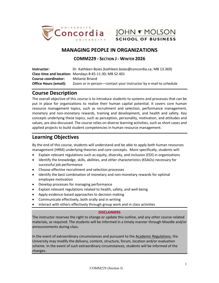 COMM229 Course Outline: Managing People in Organizations