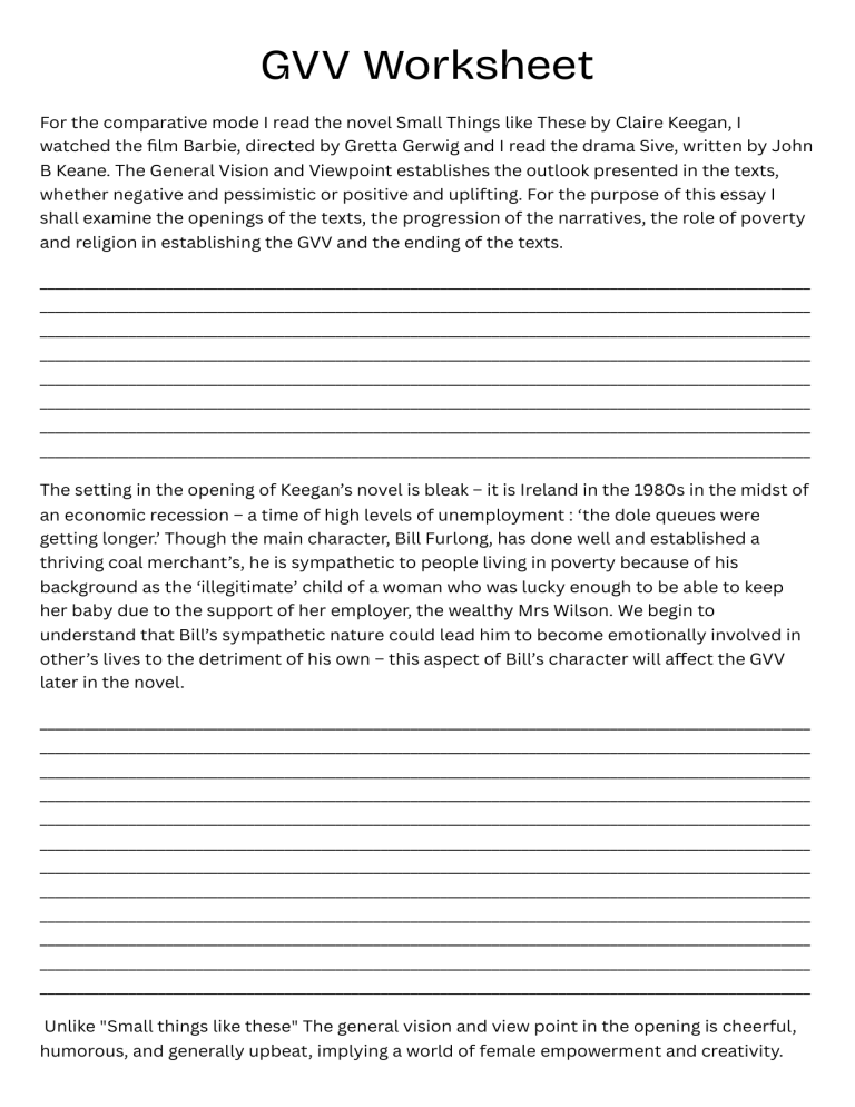 GVV Worksheet: Comparative Analysis of Small Things Like These, Barbie ...
