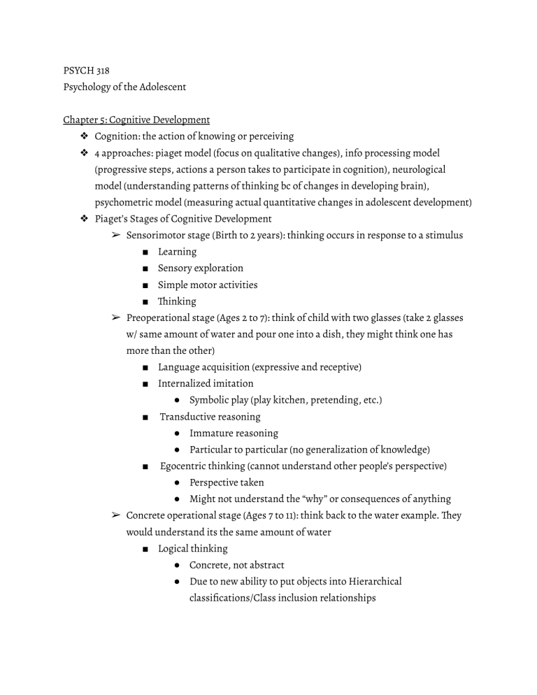 Psychology of the Adolescent: Cognitive Development Chapter