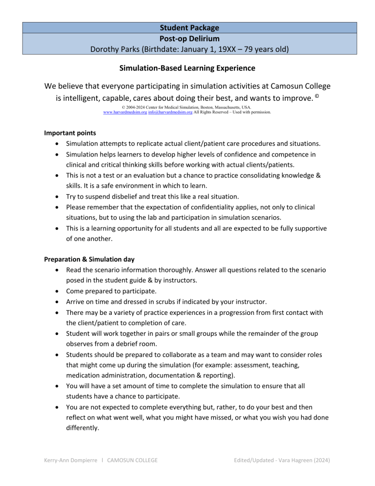 Student Package: Post-op Delirium Simulation Guide