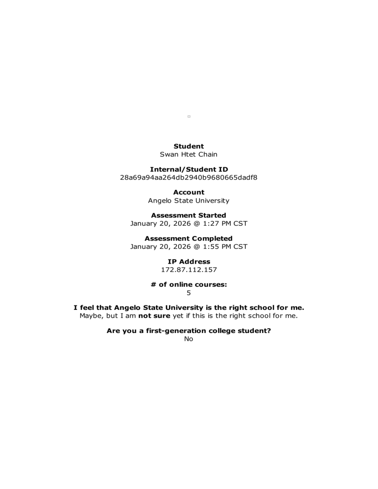 Angelo State University Student Assessment Report
