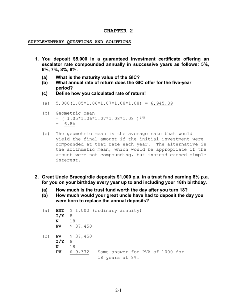 Chapter 2 Supplementary Questions and Solutions: Time Value of Money
