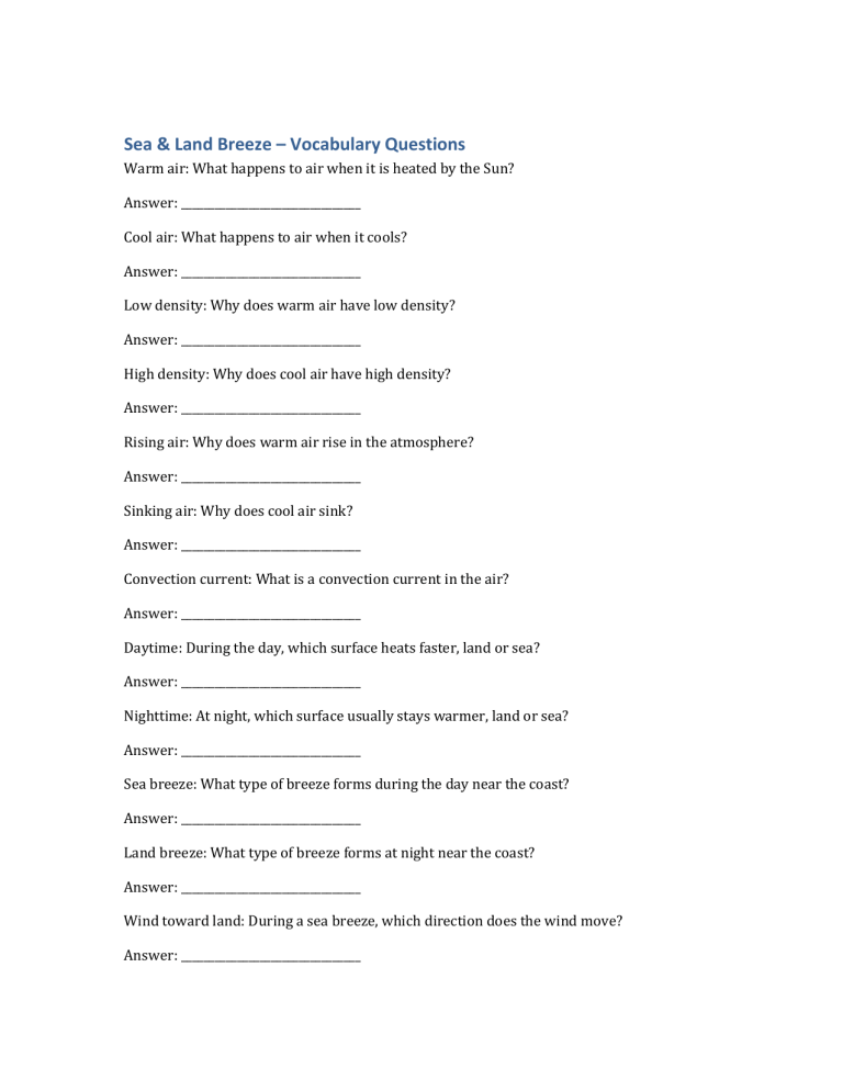 Sea & Land Breeze Vocabulary Questions Worksheet