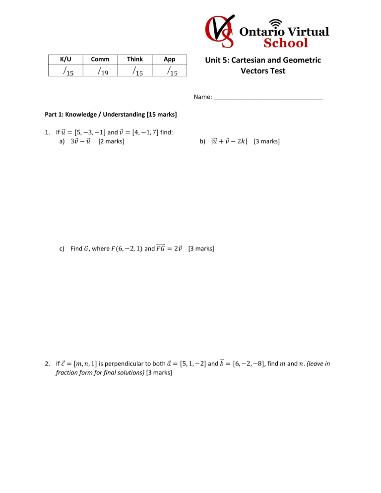 Unit 5: Cartesian and Geometric Vectors Test