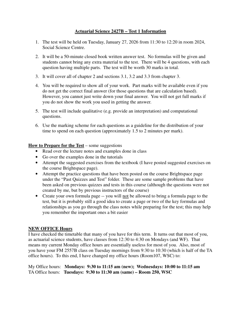 Actuarial Science 2427B Test 1 Info: Date, Format, Prep