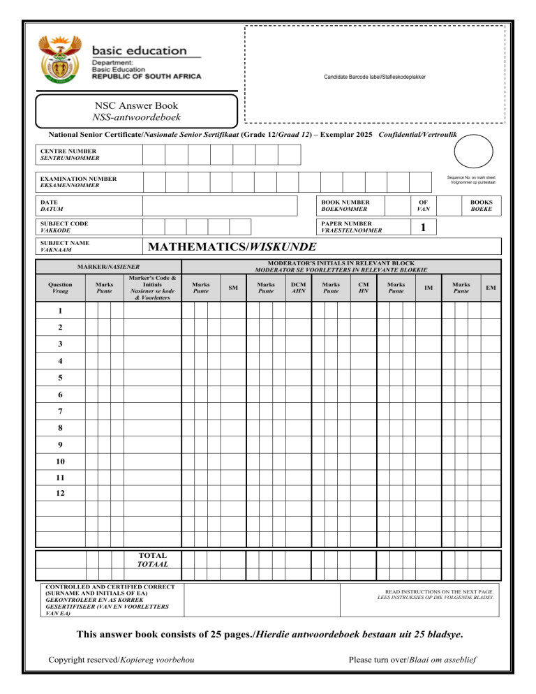 NSC Mathematics Paper 1 Answer Book 2025