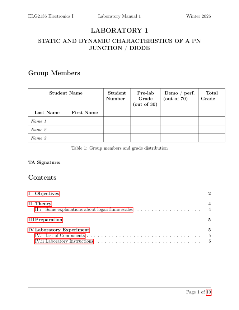 Electronics I Lab Manual: PN Junction Diode Characteristics