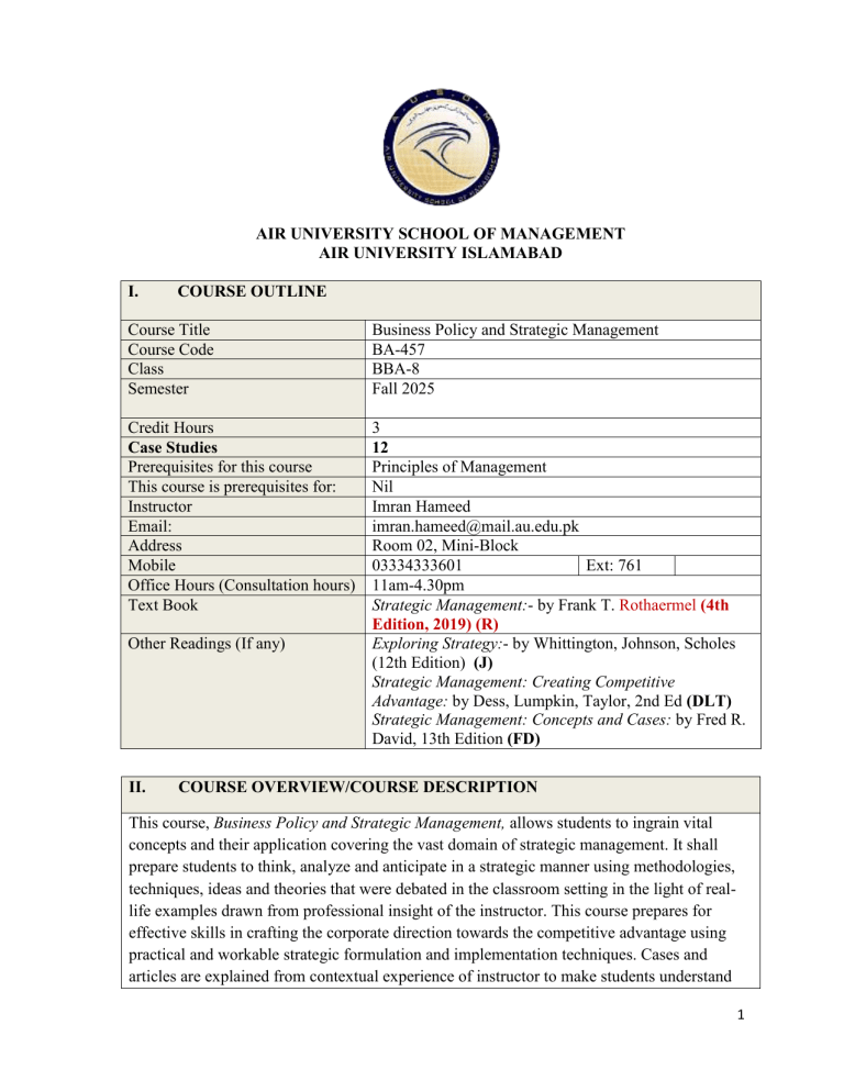 Business Policy and Strategic Management Course Outline