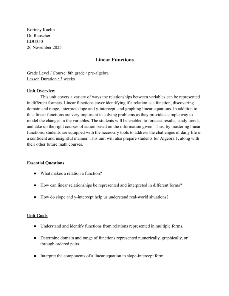 Linear Functions Unit Plan: 8th Grade Pre-Algebra