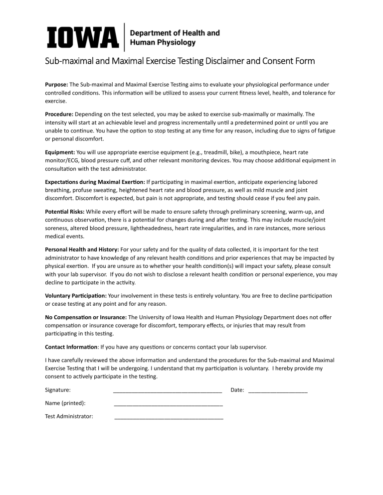 Exercise Testing Consent Form - University of Iowa