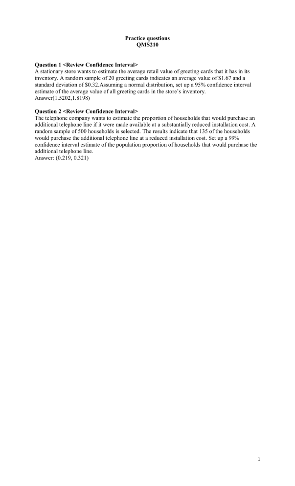 QMS210 Practice Questions: Confidence Intervals & Hypothesis Testing