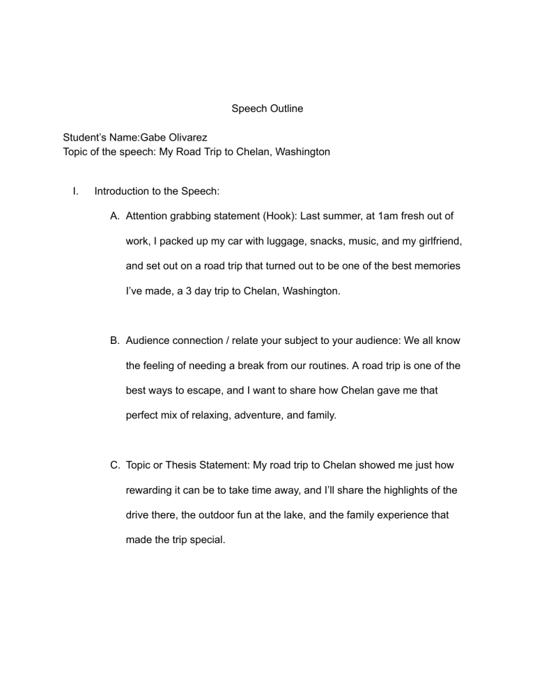 Speech Outline: My Road Trip to Chelan, WA