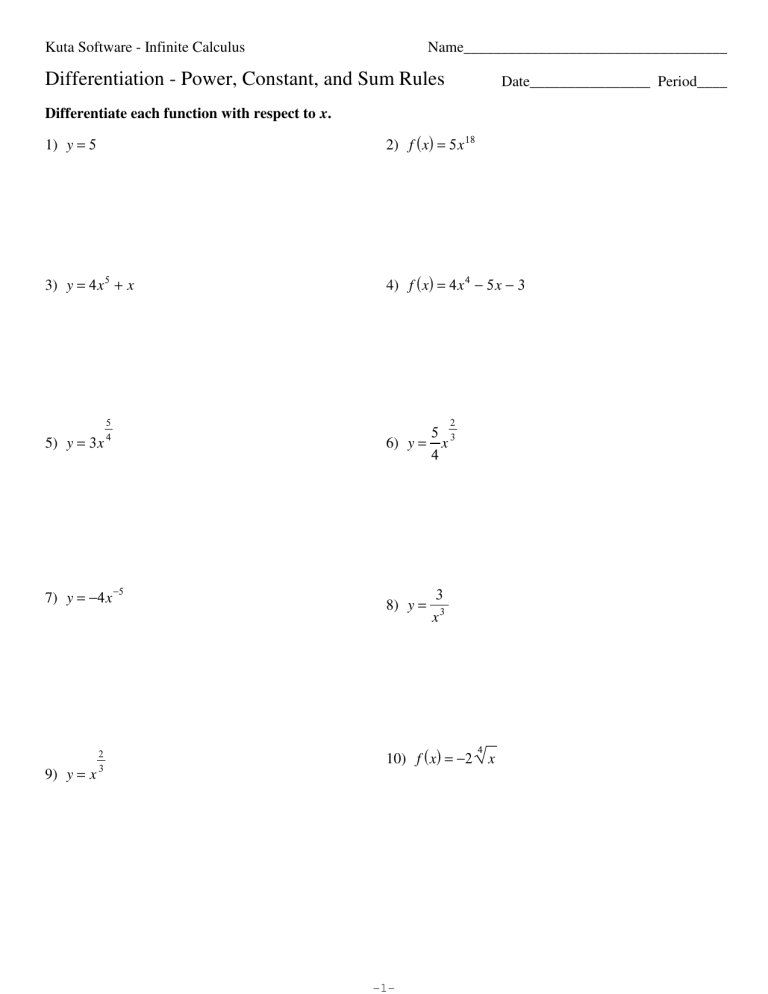 Calculus Differentiation Worksheet: Power, Constant, Sum Rules