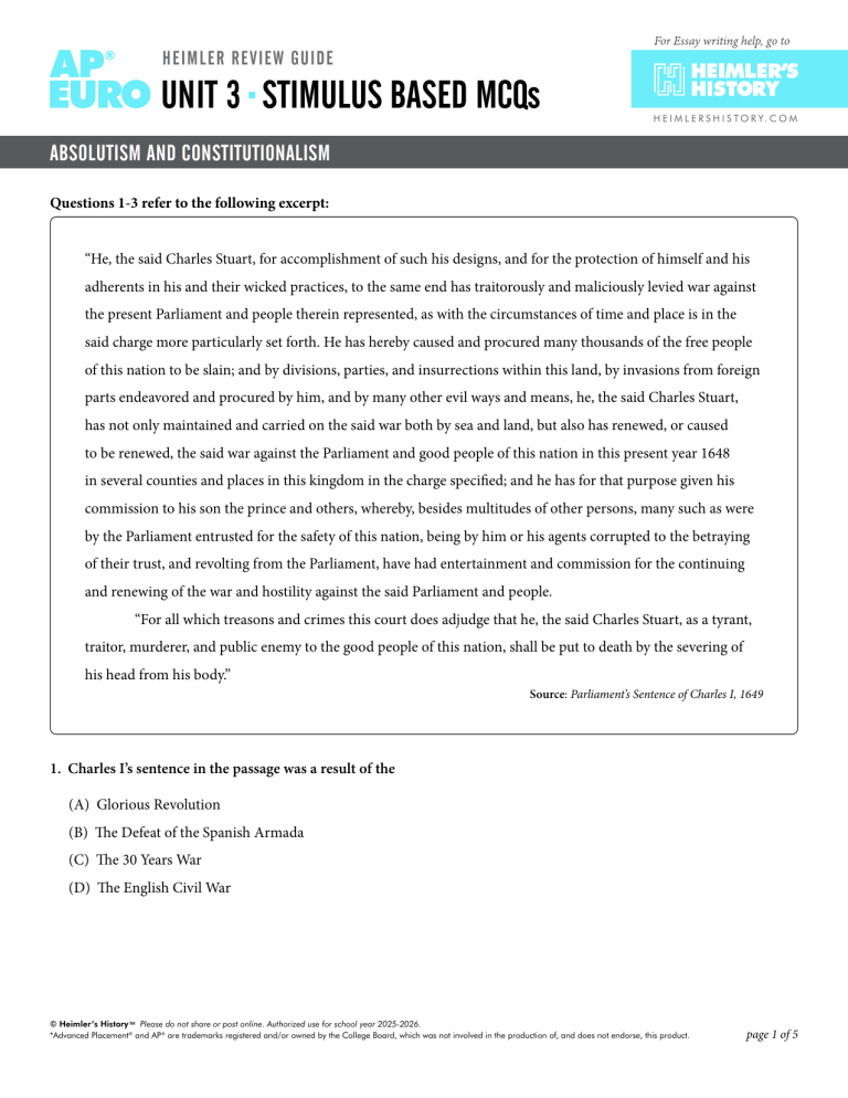 AP Euro Unit 3 Review: Absolutism & Constitutionalism MCQs