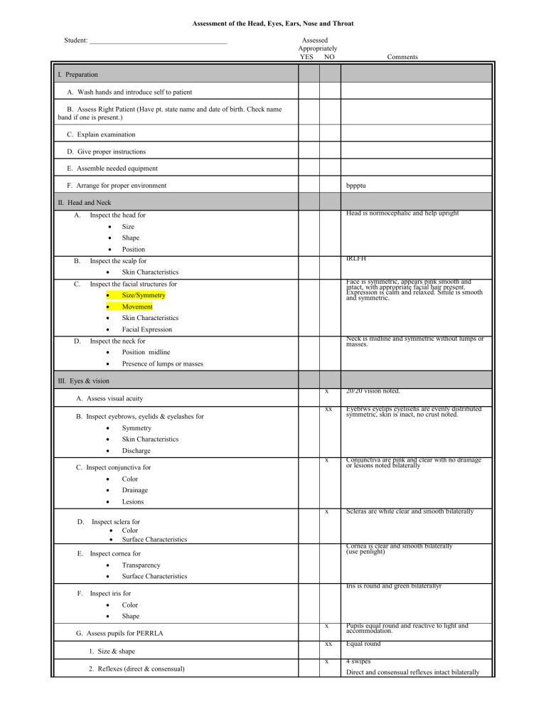 Head, Eyes, Ears, Nose, Throat Assessment Checklist