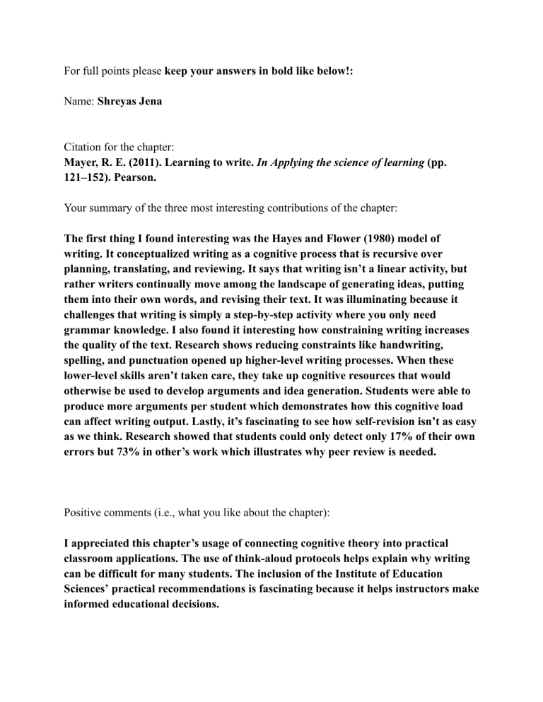 Summary of Mayer's Learning to Write Chapter