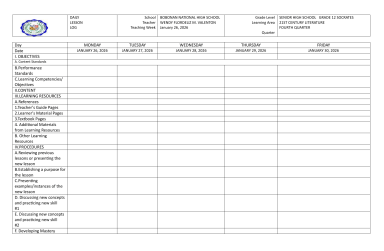 Daily Lesson Log: 21st Century Literature Grade 12