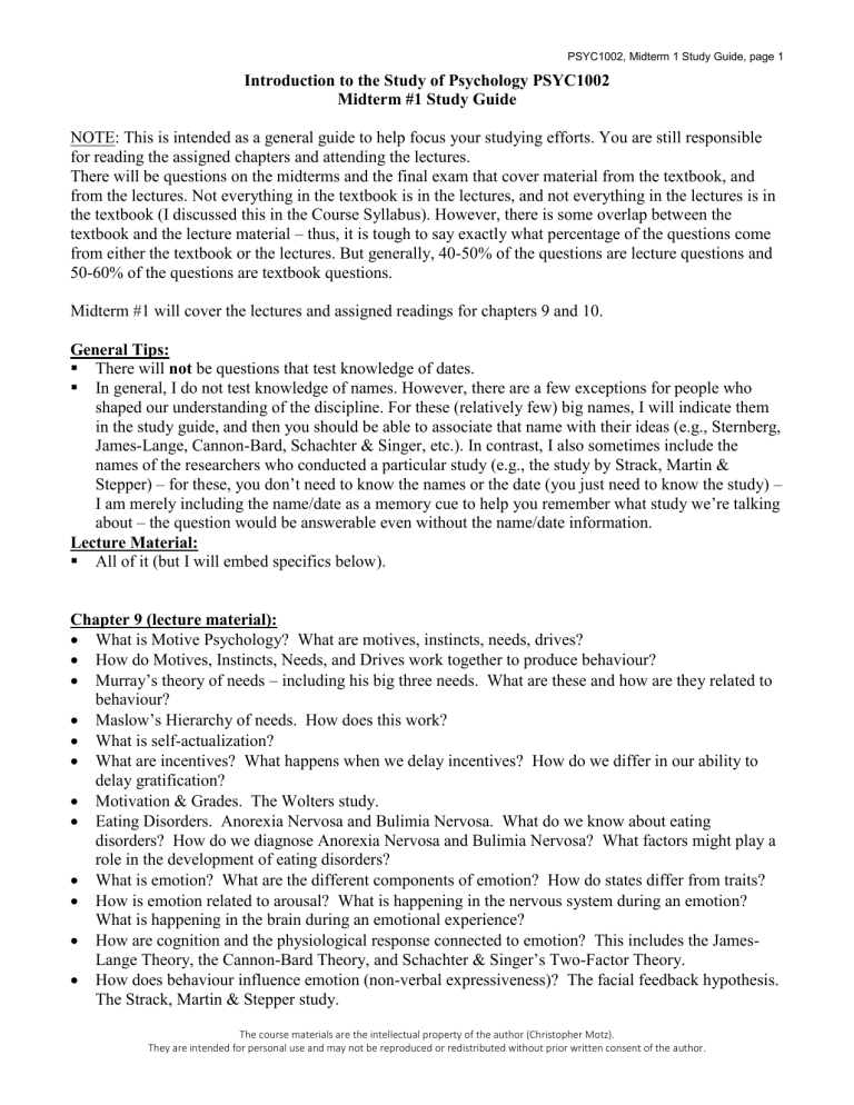 PSYC1002 Midterm 1 Study Guide