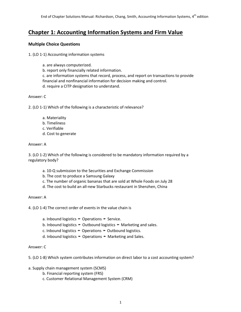 Accounting Information Systems Solutions Manual Chapter 1