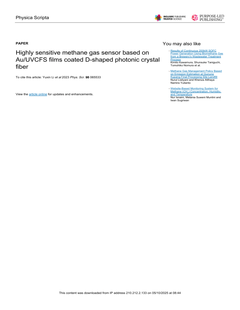 Highly Sensitive Methane Gas Sensor Using Au/UVCFS Films on D-Shaped PCF