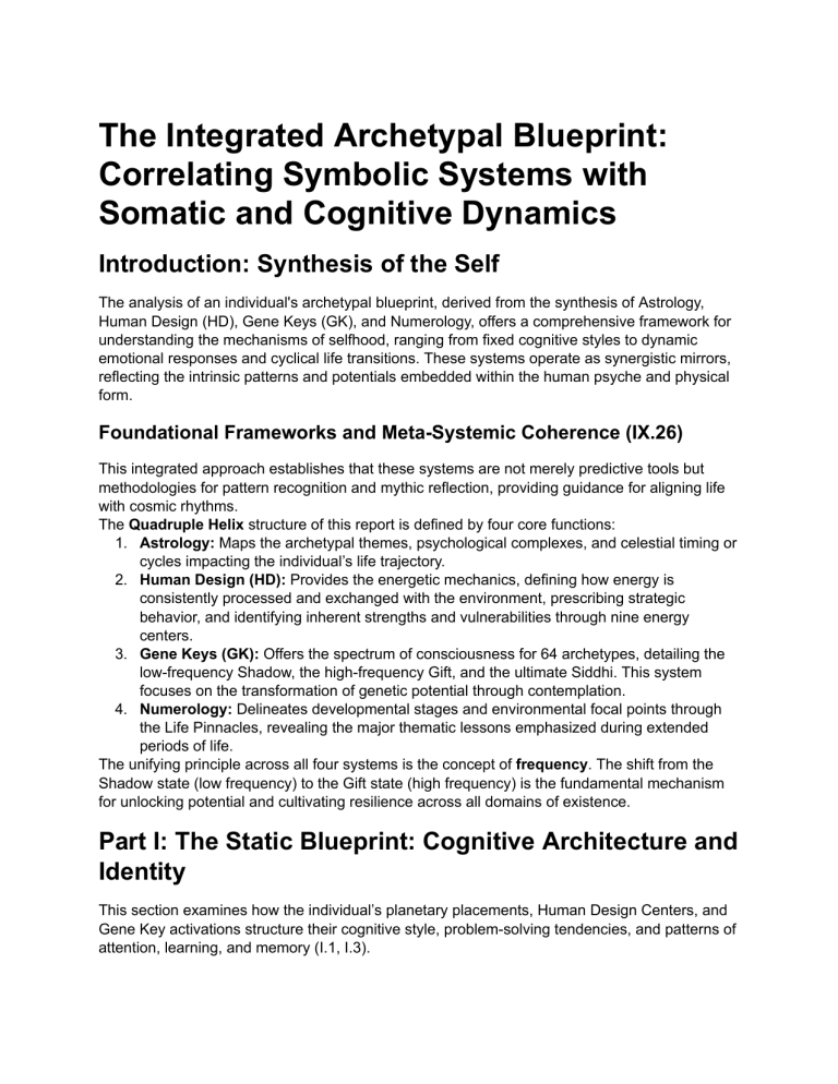 Integrated Archetypal Blueprint: Symbolic Systems & Somatic Dynamics