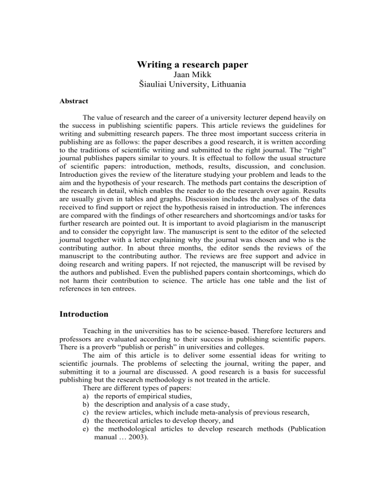 Writing a Research Paper: Guidelines for Publication Success