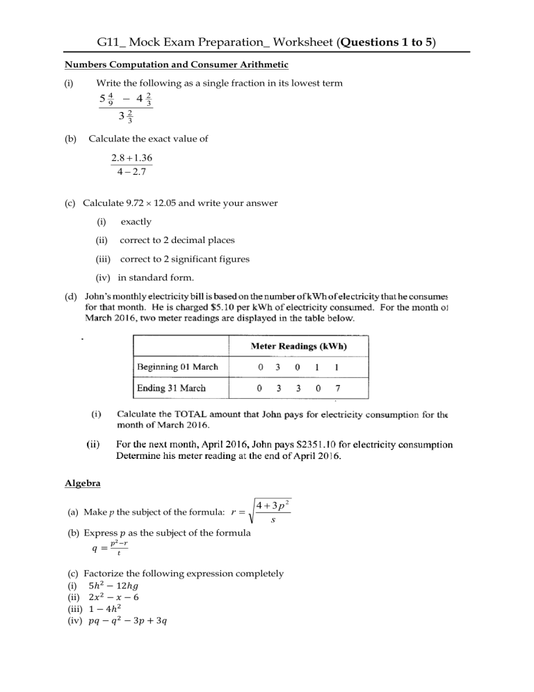 G11 Math Mock Exam Worksheet