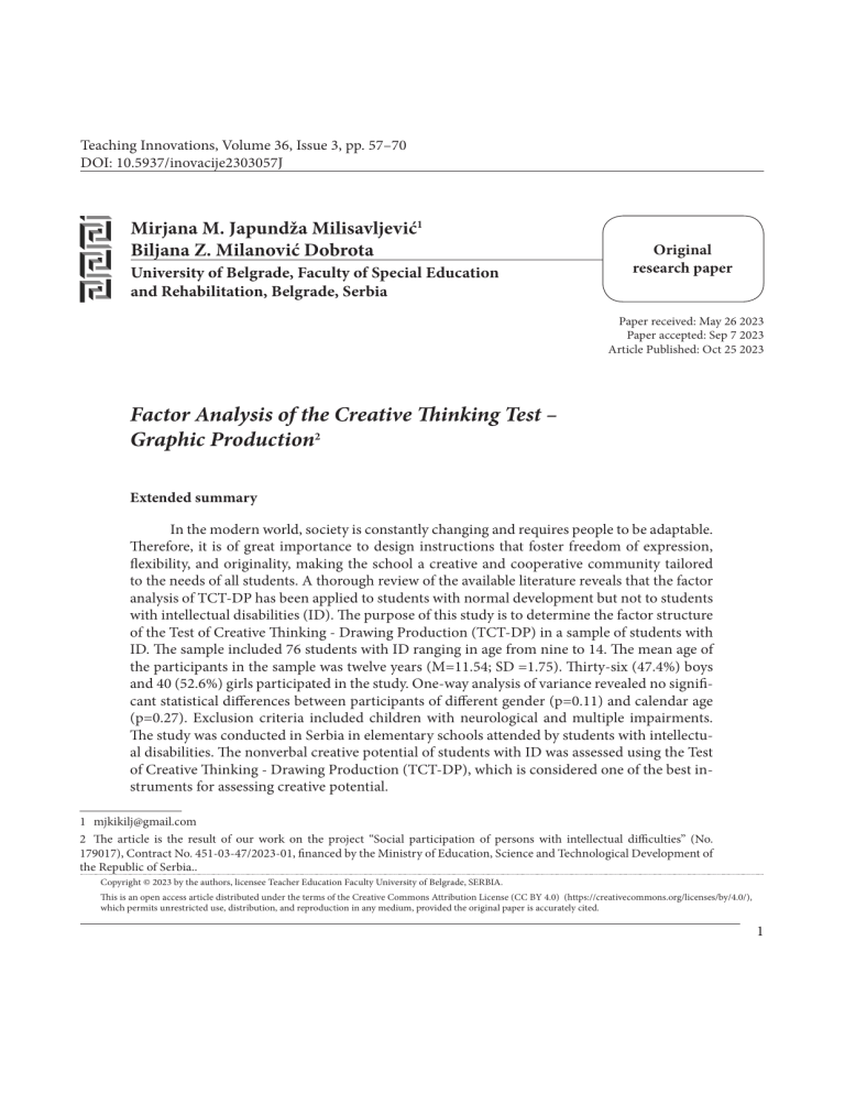 Factor Analysis of TCT-DP for Students with Intellectual Disabilities