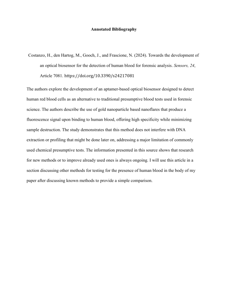 Optical Biosensor for Forensic Blood Detection