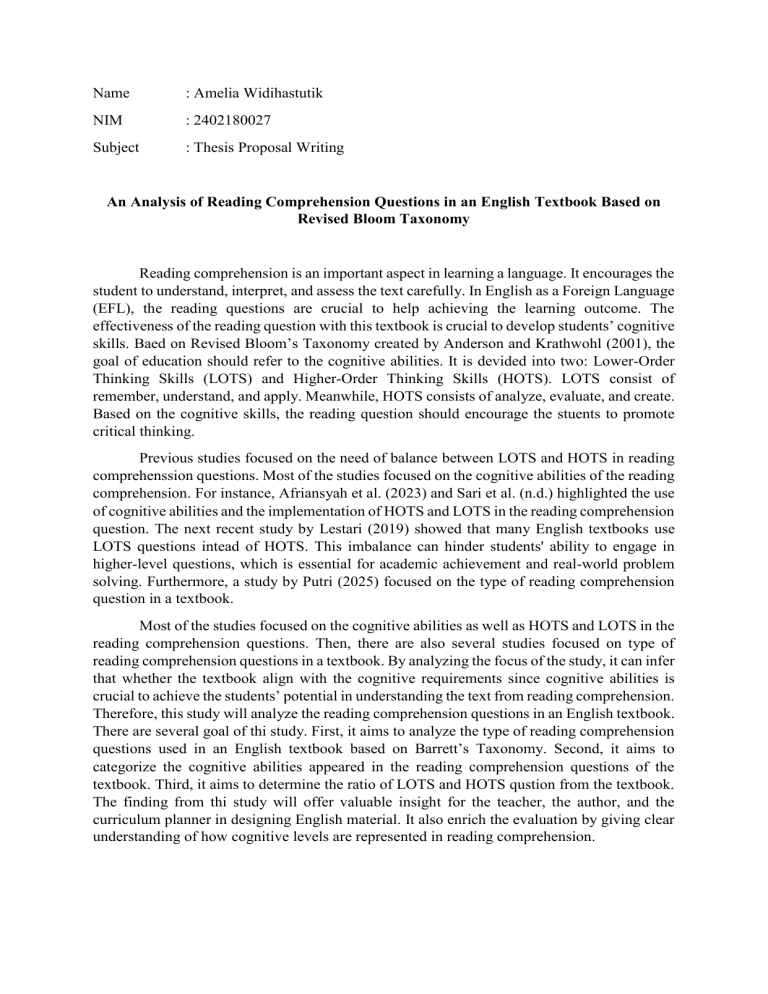 Thesis Proposal: Reading Comprehension & Bloom's Taxonomy