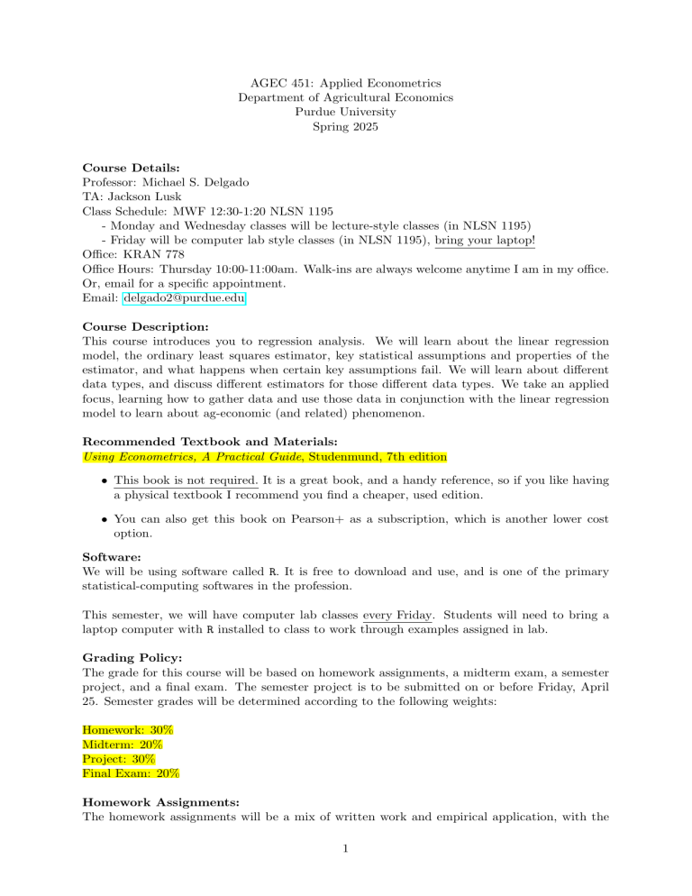 AGEC 451: Applied Econometrics Syllabus - Purdue University
