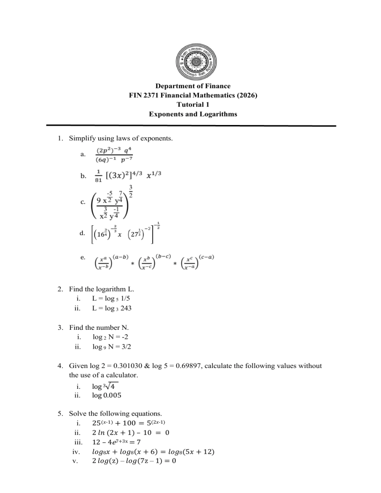 FIN 2371 Tutorial 1: Exponents & Logarithms (2026)