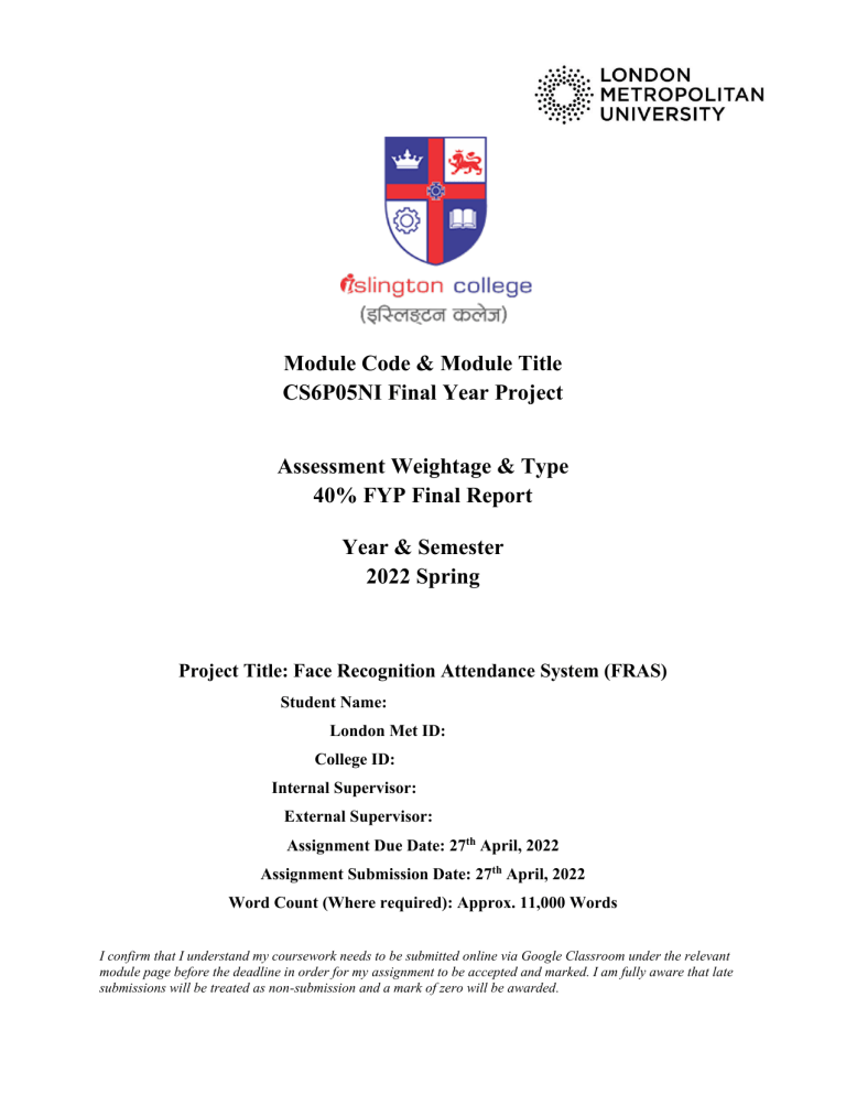 Face Recognition Attendance System (FRAS) Final Year Project Report