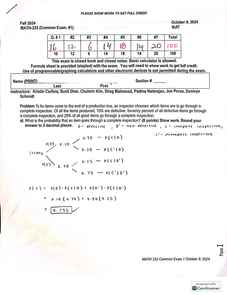 NJIT MATH-333 Common Exam 1 Fall 2024