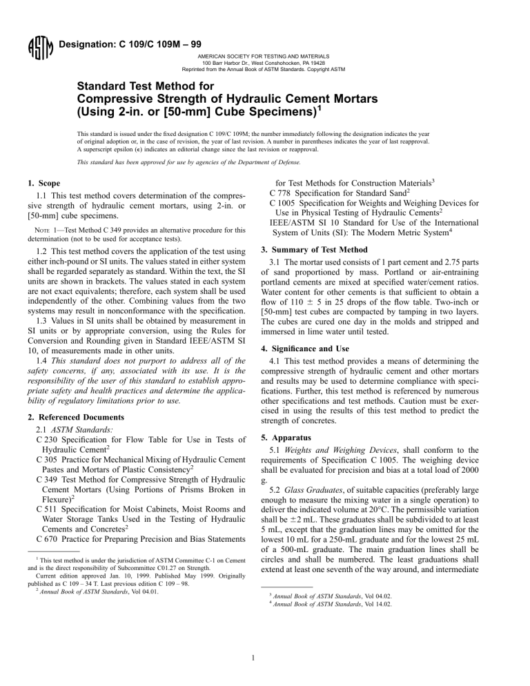 ASTM C 109/C 109M-99: Compressive Strength Test Method