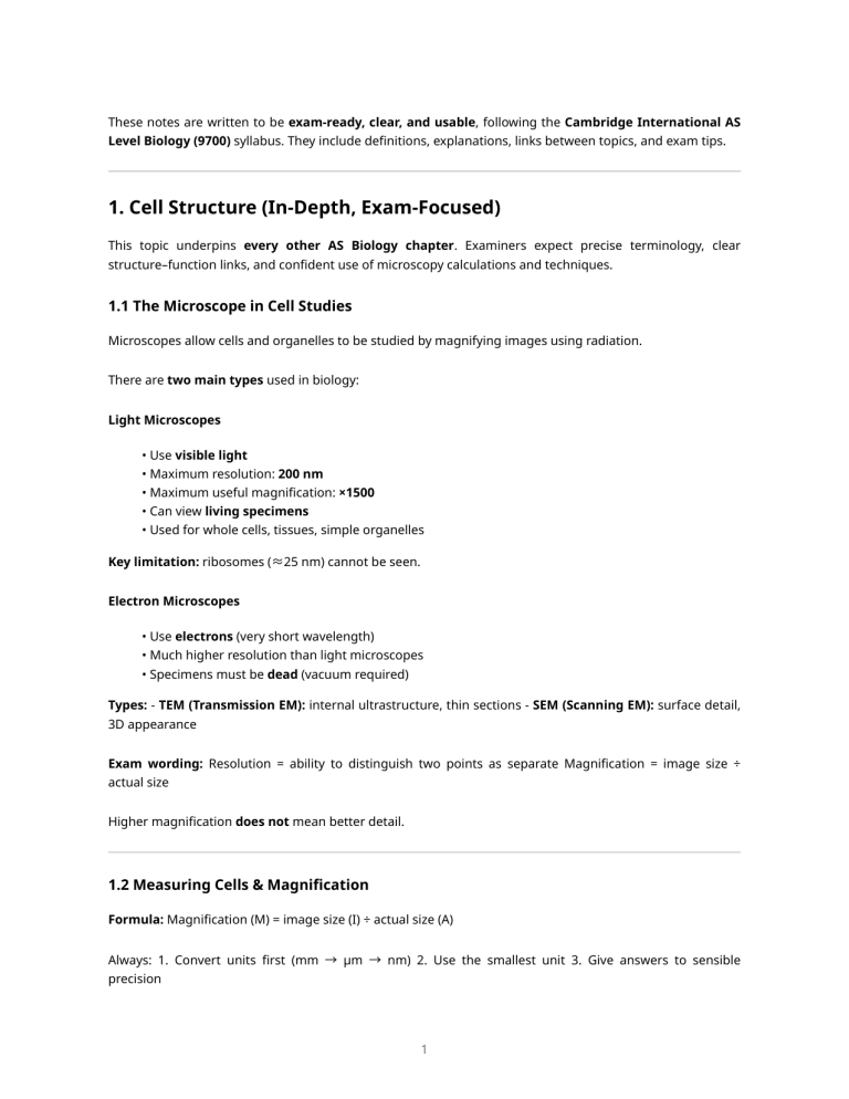 Cambridge AS Biology Cell Structure Notes