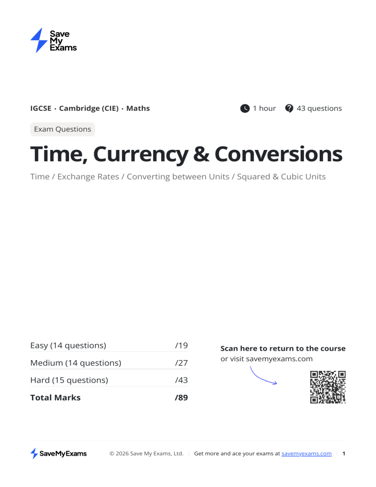 IGCSE Maths Exam Questions: Time, Currency & Conversions