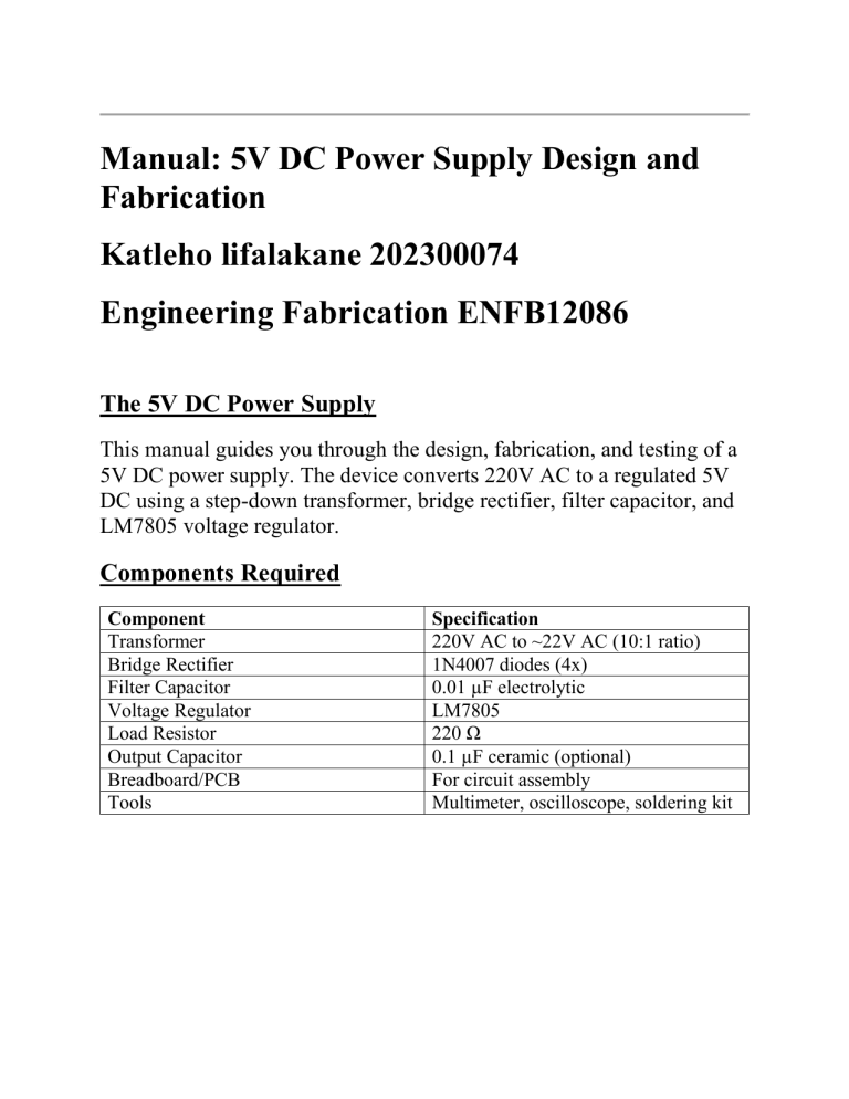 5V DC Power Supply Design & Fabrication Manual
