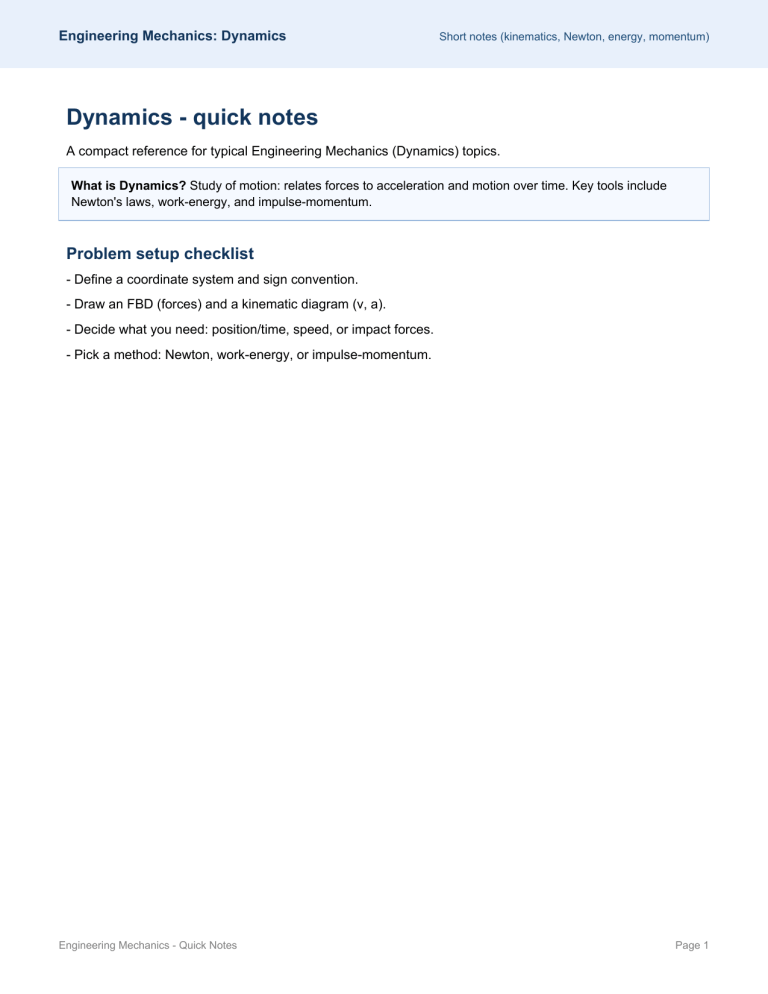 Engineering Mechanics: Dynamics Quick Notes