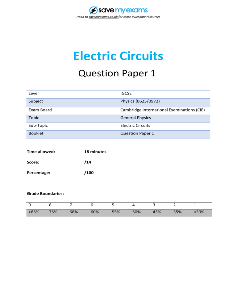 IGCSE Physics Electric Circuits Question Paper 1