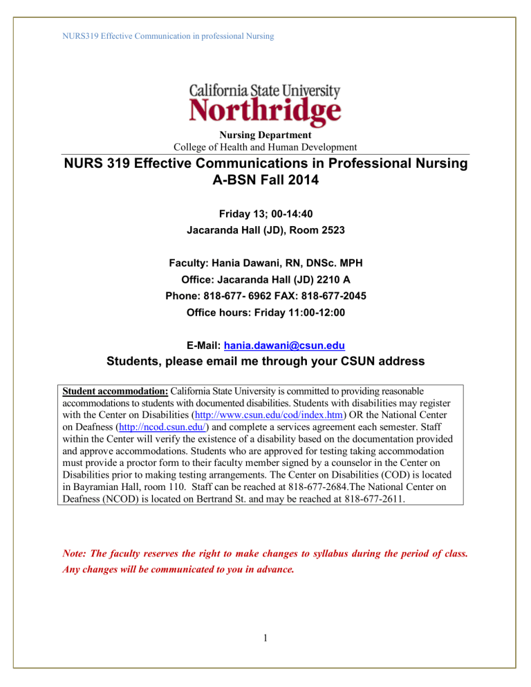 NURS 319 Syllabus: Effective Communication in Professional Nursing