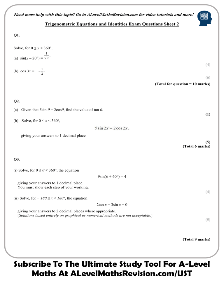 A-Level Maths Trigonometry Exam Questions Sheet 2