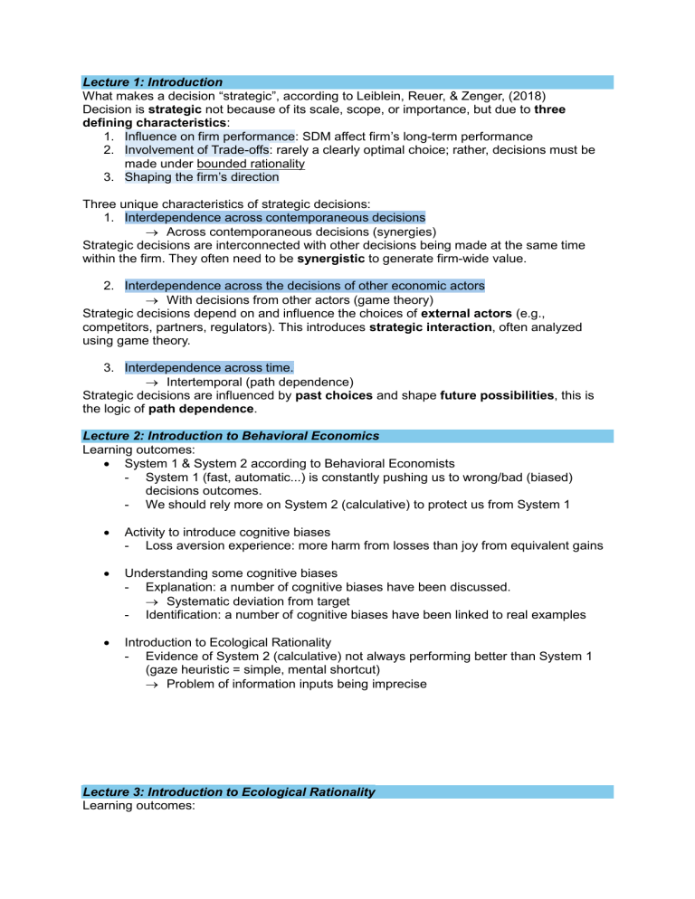 Strategic Decision Making Lectures