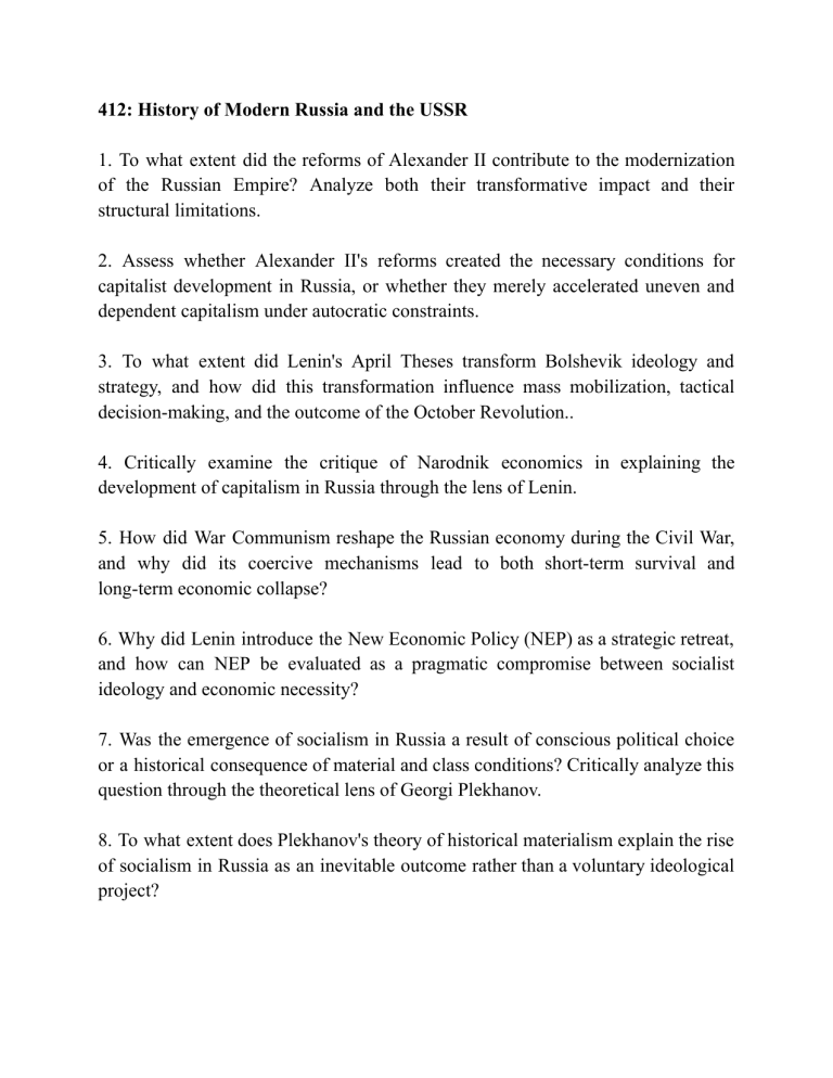 History of Modern Russia and the USSR Essay Questions