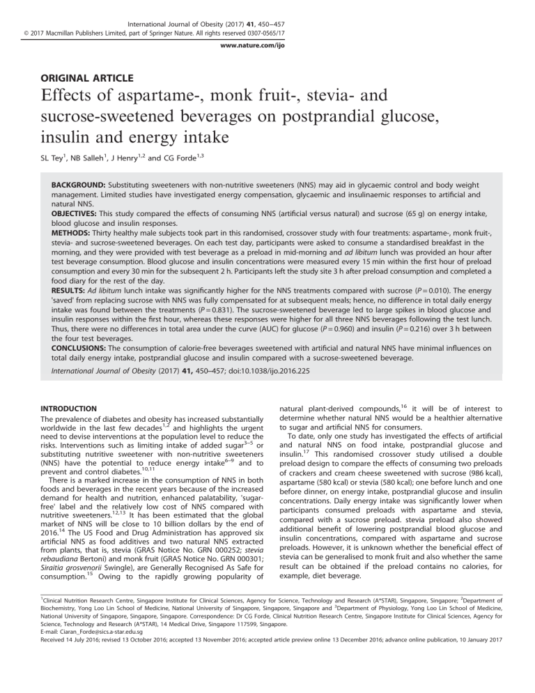 Effects of Non-Nutritive Sweeteners on Glucose, Insulin, Energy Intake