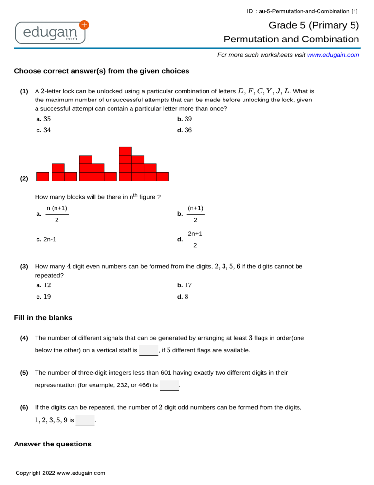 Grade 5 Permutation and Combination Worksheet